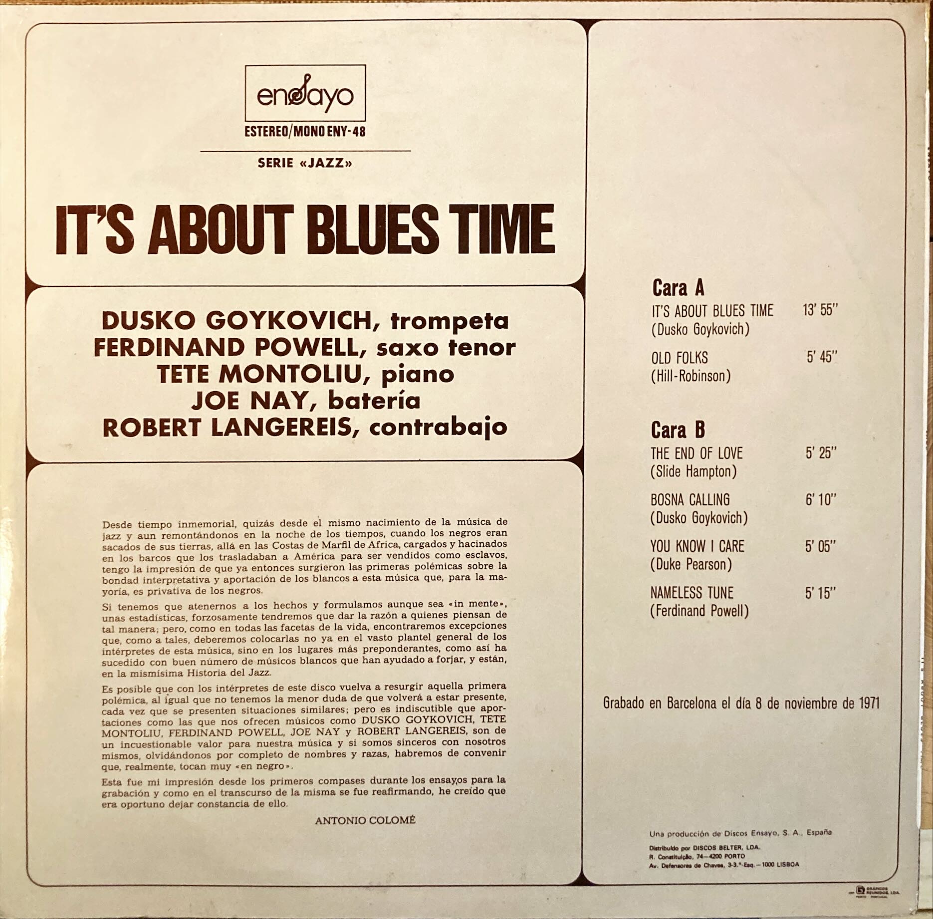 Dusko Goykovich, Ferdinand Powell, Tete Montoliu, Joe Nay, Robert ...